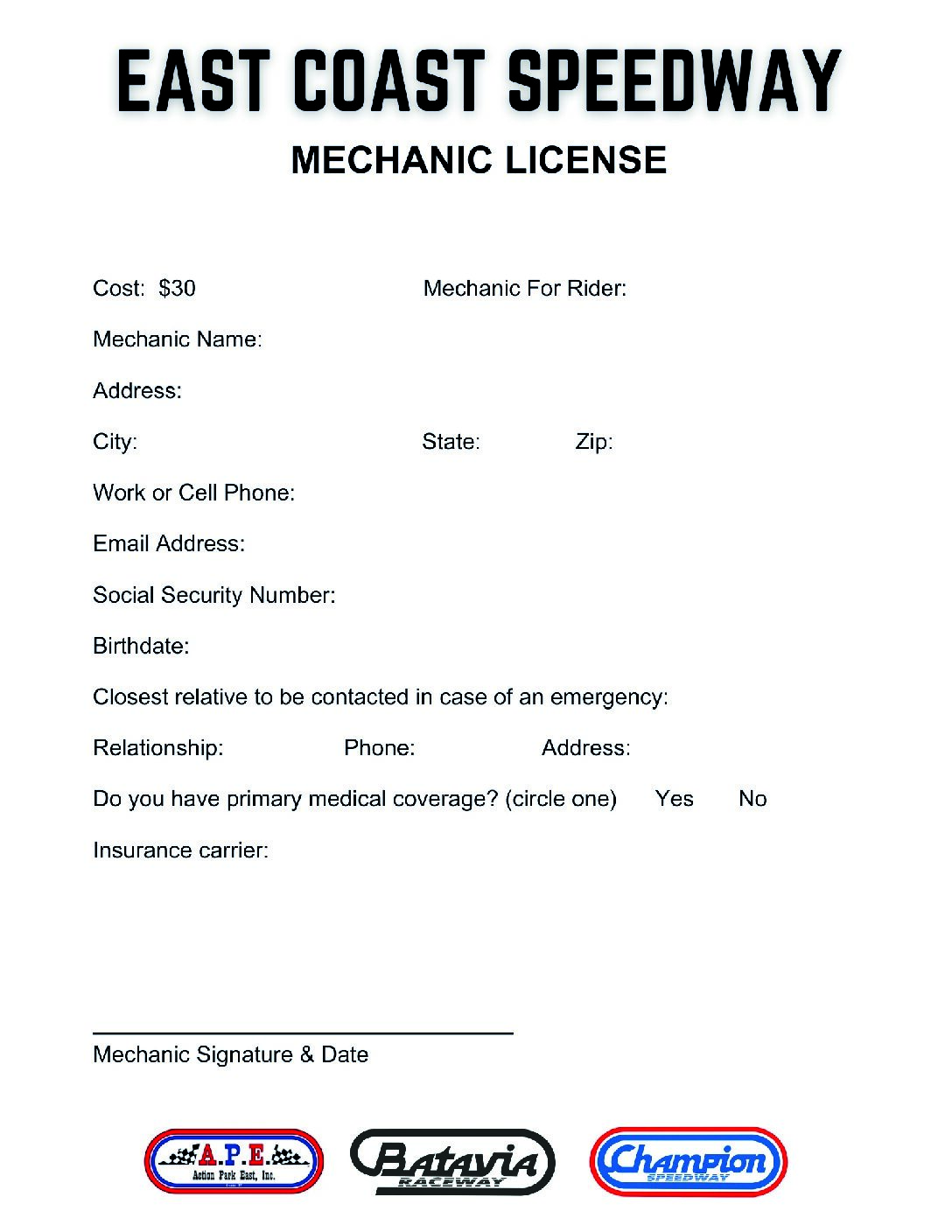 Mechanic License Package | East Coast Speedway